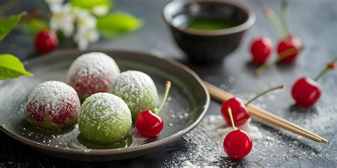 Traditional Japanese Mochi Dessert With Matcha Green Tea Powder And