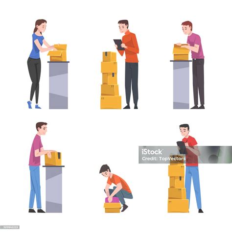 주문 및 화물 세트를 처리하는 배달 서비스 또는 우체국 직원 남자와 여자는 상자를 포장하고 운반 만화 벡터 일러스트레이션 나름에 대한 스톡 벡터 아트 및 기타 이미지