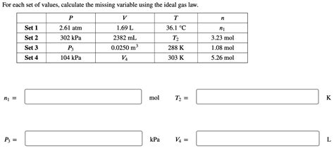 solved for each set of values calculate the missing