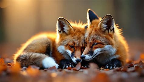 Two Red Foxes Cuddling At Sunset In Autumn Stock Image Image Of