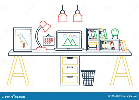 Linear Office Table With Computer Workspace And Other Equipment In Office Interior Illustration