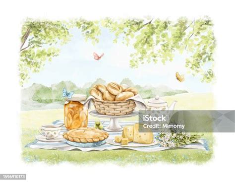 빈티지 피크닉 격자 무늬와 녹색 조경에 음식이 있는 수채화 만화 구성 0명에 대한 스톡 벡터 아트 및 기타 이미지 0명 강 고리 세공 Istock