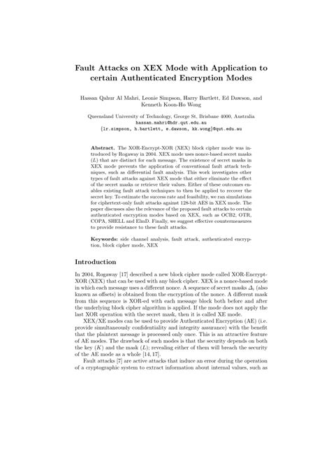 Pdf Fault Attacks On Xex Mode With Application To Certain Authenticated Encryption Modes
