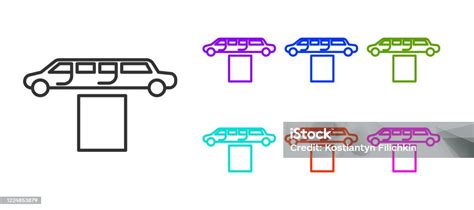 흰색 배경에 고립 된 검은 색 라인 럭셔리 리무진 자동차와 카펫 아이콘 세계 초연 유명 인사와 게스트 포스터 다채로운 아이콘을 설정합니다 벡터 일러스트레이션 3차원 형태에