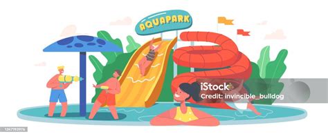 아쿠아파크의 아이들 워터 어트랙션이 있는 놀이 아쿠아 파크 어린이 소녀 또는 소년 승마 슬라이드 및 수영장에서 수영 미끄럼틀에 대한 스톡 벡터 아트 및 기타 이미지 Istock