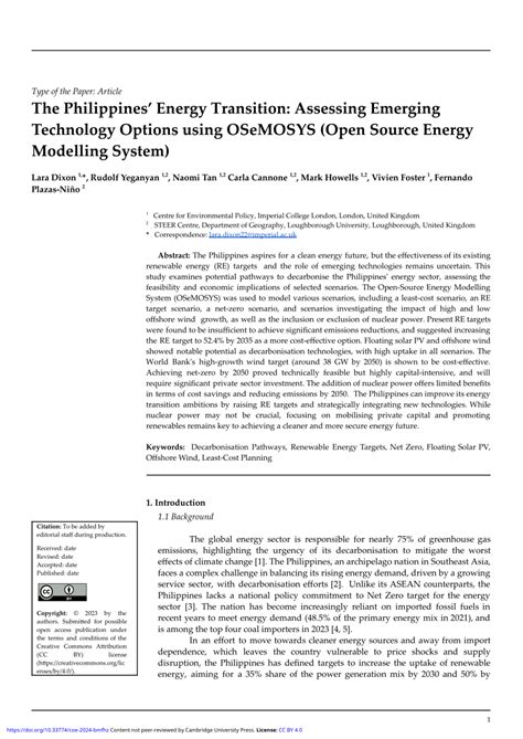Pdf The Philippines Energy Transition Assessing Emerging Technology Options Using Osemosys