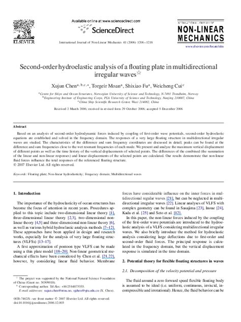 Pdf Second Order Hydroelastic Analysis Of A Floating Plate In Multidirectional Irregular Waves