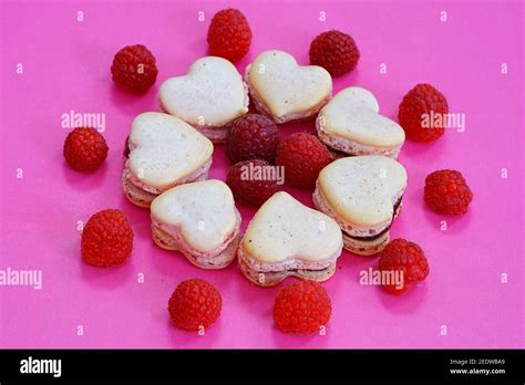 Pink Heart Homemade Macaron Cookies Filled With Raspberry Jam For Valentines Day With Fresh