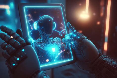 Closed Up Ai Robot Hand Touching Tablet And Showing Ai Data On Screen