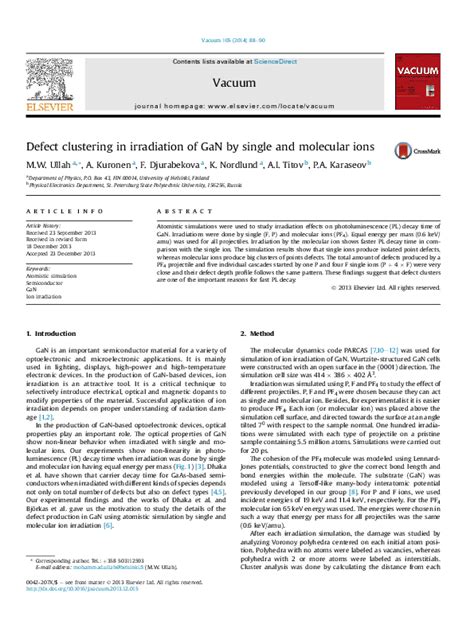 Pdf Defect Clustering In Irradiation Of Gan By Single And Molecular Ions