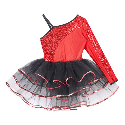 어린이 소녀 반짝이는 스팽글 발레 댄스 투투 메쉬 드레스 싱글 긴 소매 사선 어깨 체조 발레 레오타드 댄스 드레스 댄스