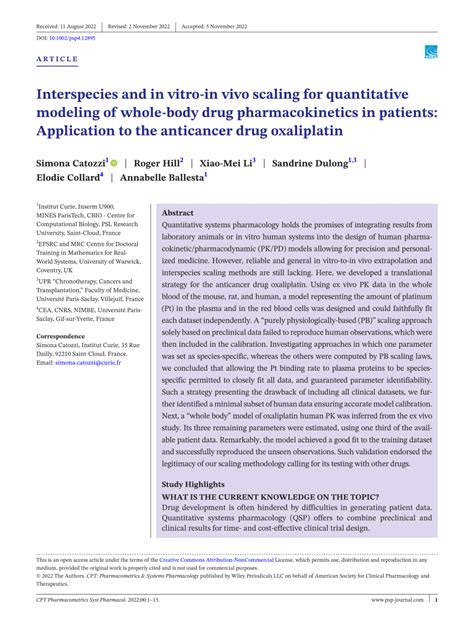 Pdf Interspecies And In Vitro‐in Vivo Scaling For Quantitative Modeling Of Whole‐body Drug