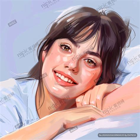 Ai创作图写实人物插画 微笑女生女孩插画 手绘俏皮女孩头像插画 人物肖像 正面人物插画 写实人物绘画 板绘少女插画 手绘闭眼女孩 青春风少女