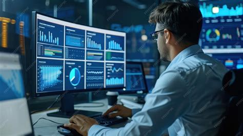 Male Data Analyst Works On Computer With Multiple Screens Displaying