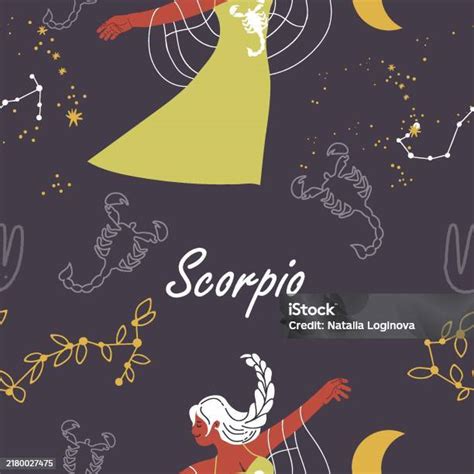 완벽 한 패턴 조디악 로그인 전갈자리 현대 세련된 여성 캐릭터 점성술 별자리의 아바타 피는 별자리 나뭇 가지 가지 편평한 손으로 그린 그래픽 벡터 그림입니다 개성 개념에