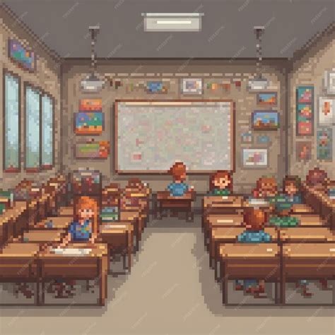 Pixel Art Depicting A Vibrant Classroom Scene With Students Engaged In
