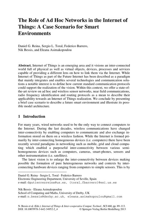 Pdf The Role Of Ad Hoc Networks In The Internet Of Things A Case Scenario For Smart Environments
