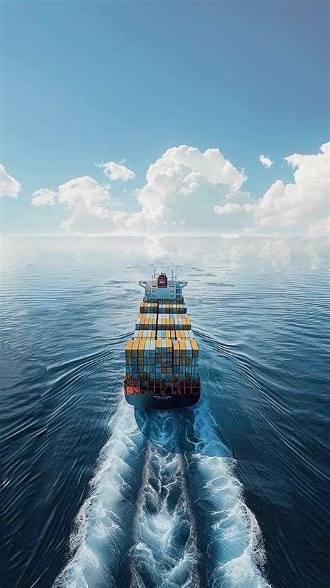 Container Ship Navigating The Open Ocean Under Clear Blue Skies Stock