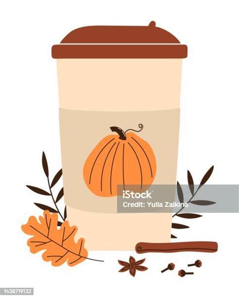 호박 향신료와 커피 한잔 뜨거운 맛있는 가을 계절 음료 종이컵에 라떼 흰색 배경에 격리된 평면 벡터 그림 10월에 대한 스톡