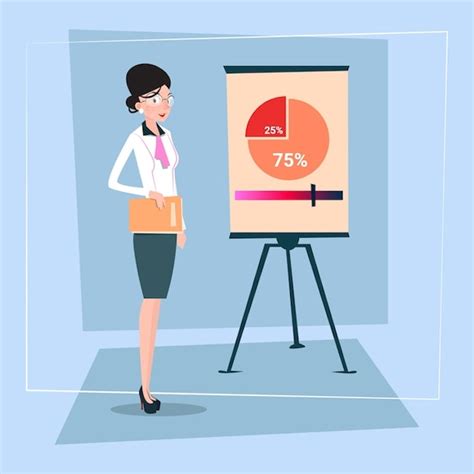 Business Woman Presenting Pie Chart Data On Presentation Board Jiffy Designs