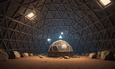 Dome Shaped Structure With Glass Dome And Triangular Roof Stands In Dimly Lit Rocky Interior
