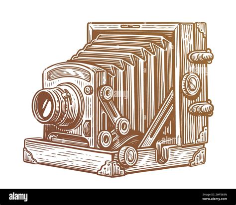 Old Vintage Camera With Bellows Retro Wooden Photo Camera Sketch