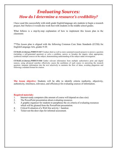 Evaluating Sources For Credibility Lesson Plan Powerpoint Student