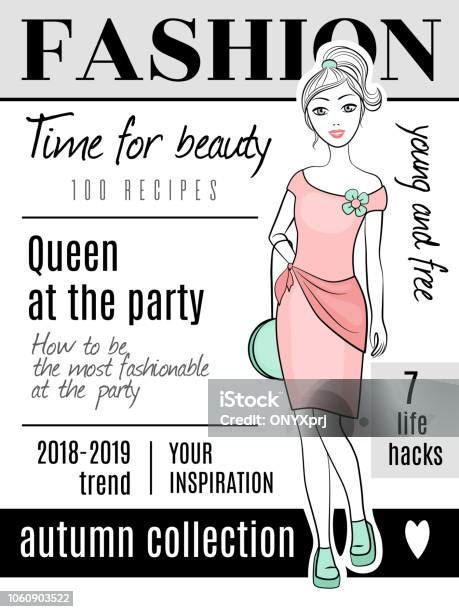 패션 잡지 커버입니다 유행 유행 젊은 귀여운 여자 포즈 벡터 디자인 서식 파일 가리기에 대한 스톡 벡터 아트 및 기타 이미지 가리기 가을 고풍스런 Istock