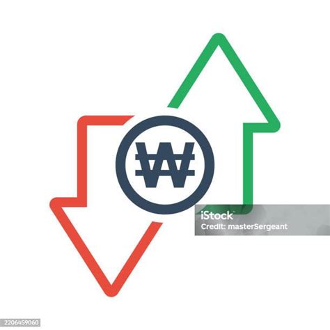 녹색 위쪽 및 빨간색 아래쪽 화살표 세금 또는 인플레이션 지표 가격 또는 소득 벡터 개요 아이콘이 있는 대한민국 원 동전 가격에