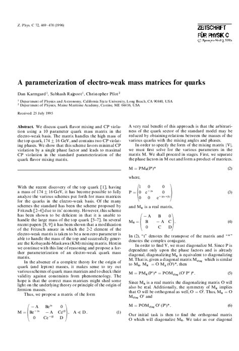 pdf a parameterization of electro weak mass matrices for quarks