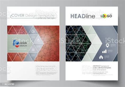 브로셔 전단지 보고서에 대 한 비즈니스 템플릿 표지 디자인 서식 파일 A4 크기의 벡터 레이아웃입니다 화학 패턴 분자 질감 다각형 분자 구조 세포 의학 미생물학 개념 0명에