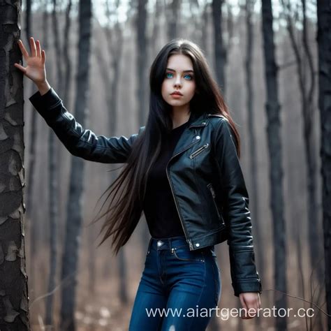 Innocent Beauty Darkhaired Girl With Blue Eyes Waving In Forest Ai