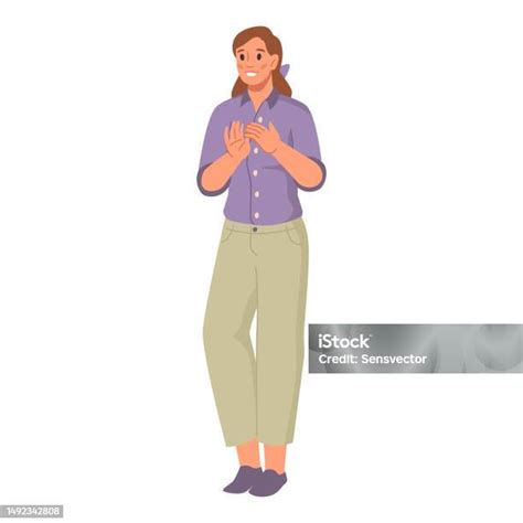 박수를 치는 여자가 손뼉을 친다 행복한 소녀 인사와 축하합니다 플랫 만화 벡터 캐릭터 지원 제스처 박수 및 박수 손 박수로 축하 가공의 인물에 대한 스톡 벡터 아트 및 기타