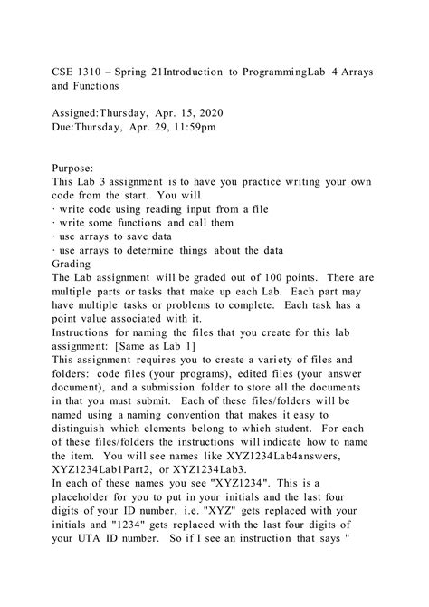 CSE 1310 – Spring 21Introduction to ProgrammingLab 4 Arrays and Func | PDF