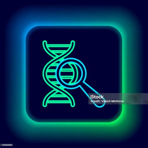 빛나는 네온 라인 Dna 연구 검은 배경에 고립 된 검색 아이콘 돋보기 및 Dna 사슬 유전 공학 복제 친자 확인 테스트 다채로운 개요 개념 벡터 0명에 대한 스톡 벡터