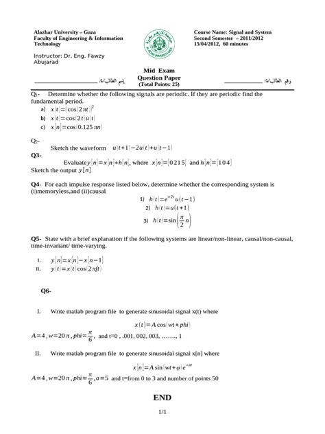 Signal And System Midterm 2011 2012 Pdf Applied Mathematics Signal Processing