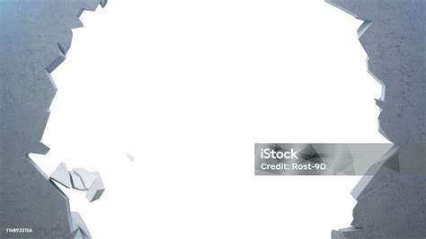 콘크리트 벽을 작은 조각으로 부서진 깨진 지구 구멍에 볼륨 광선으로 추상적인 배경 폭발 파괴 깨진 콘크리트 벽 흰색 배경에 고립입니다 3d 렌더링 3차원 형태에 대한 스톡