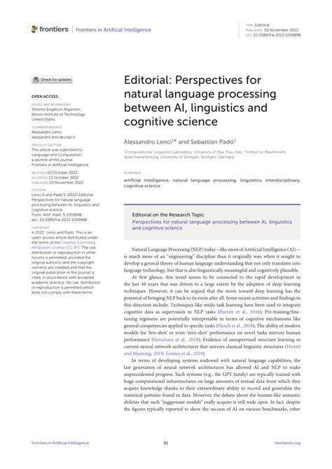 Pdf Editorial Perspectives For Natural Language Processing Between Ai Linguistics And