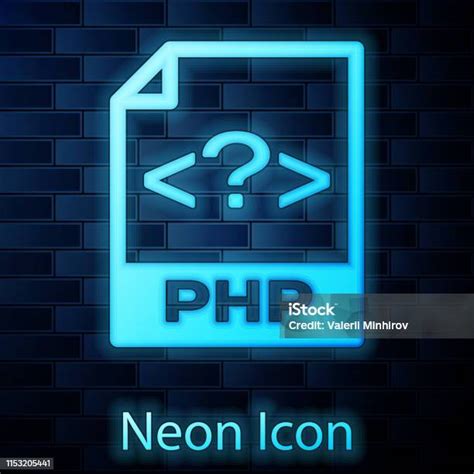 빛나는 네온 Php 파일 문서 아이콘입니다 벽돌 벽 배경에 고립 된 Php 버튼 아이콘을 다운로드 합니다 Php 파일 기호입니다