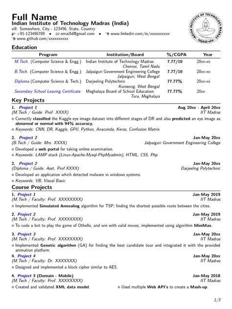 iit madras resume template 2 page pdf deep learning computer science