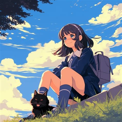 Chica De Anime Sentada En Una Roca Con Un Gato Frente A Su Ia Generativa Foto Premium