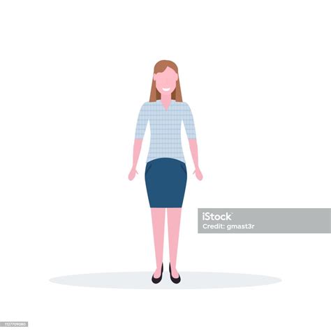 갈색 머리 여자 사무실 노동자 여성 만화 캐릭터 전체 길이 플랫 절연 행복 포즈를 서 있는 사업가 갈색 머리에 대한 스톡 벡터 아트 및 기타 이미지 Istock