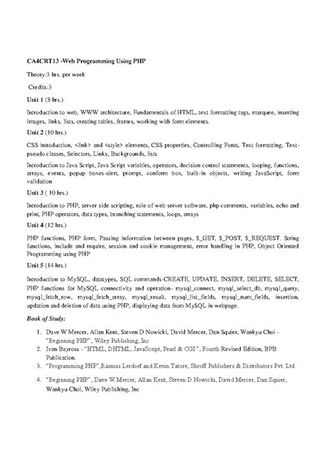 Php Syllabus Ca4crt13 Web Programming Using Php Theory3 Hrs Per