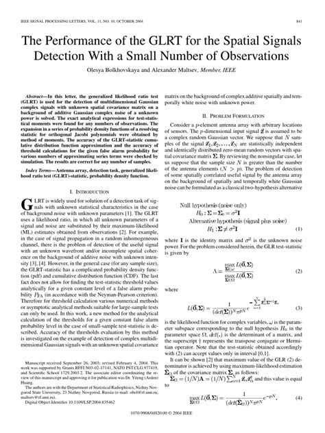 Pdf The Performance Of The Glrt For The Spatial Signals Detection