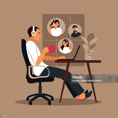 집단 가상 회의 및 그룹 화상 회의를 위해 컴퓨터를 사용하는 사람 온라인 친구와 채팅 데스크톱에서 남자 화상 회의 원격 작업 기술 개념 개념에 대한 스톡 벡터 아트 및 기타