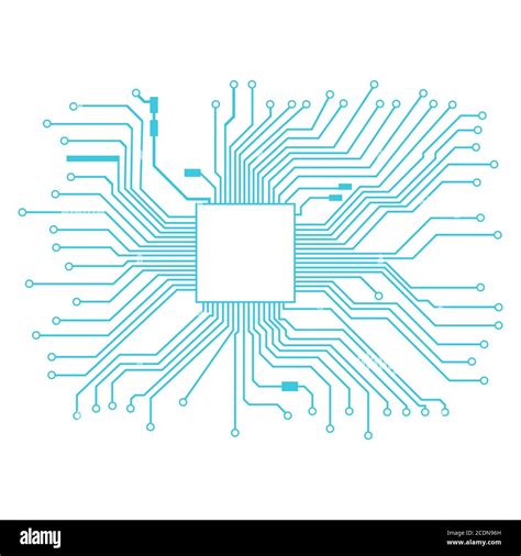 Blue Circuit Board With Place For Processor Isolated On White Lines With Rings At The Ends