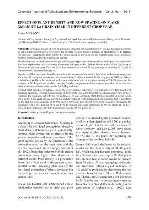 Pdf Effect Of Plant Density And Row Spacing On Maize Zea Mays L Grain Yield In Different