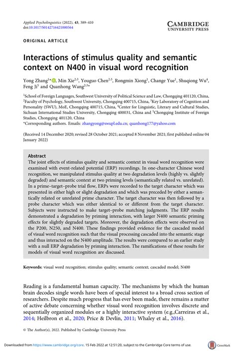 Pdf Interactions Of Stimulus Quality And Semantic Context On N400 In Visual Word Recognition