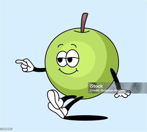 웃는 얼굴 가리키는 손 제스처 걷는 포즈를 가진 재미있는 녹색 사과 만화 캐릭터가 하늘색 배경에 고립되어 있습니다 평면 벡터 일러스트 레이 션 가공의 인물에 대한 스톡 벡터