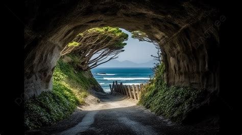 해변으로 이어지는 경치 좋은 터널 토토로스 터널처럼 생긴 도로를 지나면 멋진 풍경이 펼쳐지는 해변 고화질 사진 사진 공장 배경 일러스트 및 사진 무료 다운로드